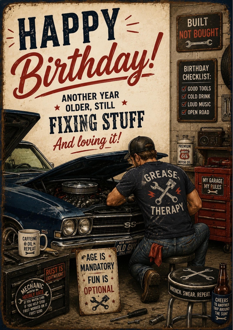 Funny Mechanic Birthday Card, Car Lover Garage Humor, Vintage Style ...