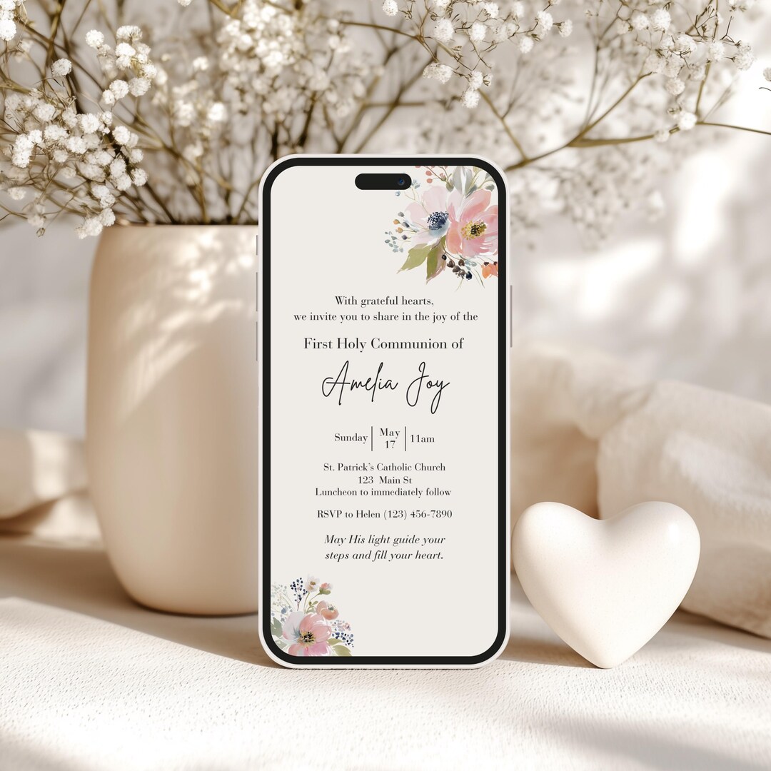 Animated First Holy Communion Invitation, Floral, Editable Canva ...