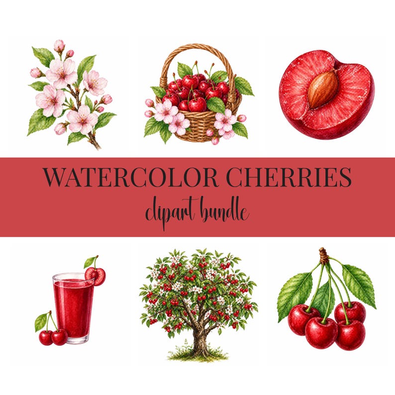 Cherry Clipart PNG, Watercolor Fruit Clip Art, Summer Scrapbook ...