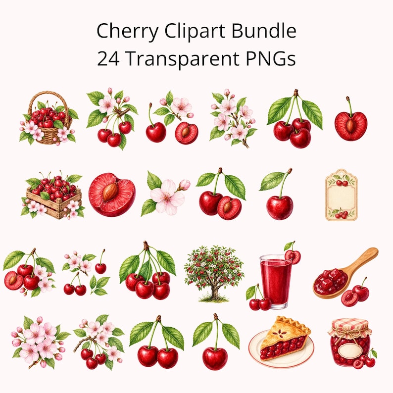 Cherry Clipart PNG, Watercolor Fruit Clip Art, Summer Scrapbook ...