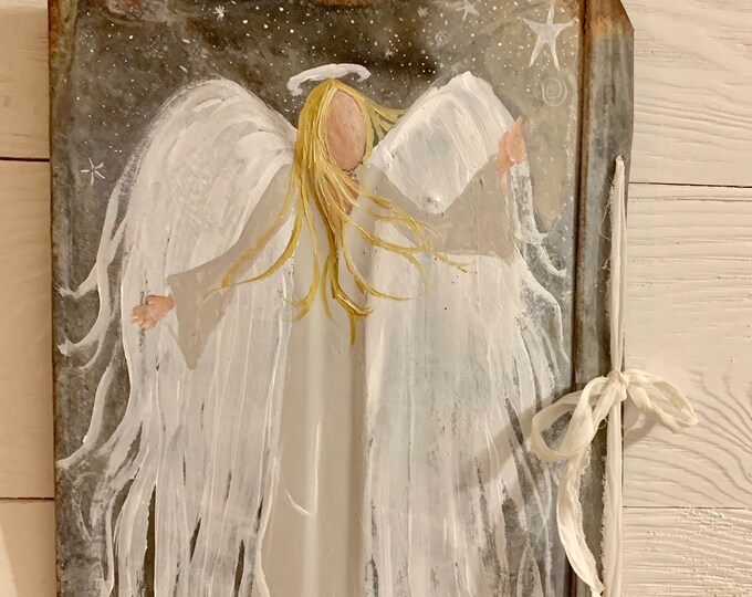 ANGEL ART Original, Farmhouse Angel Painting, Hand Painted, Aged Rustic ...