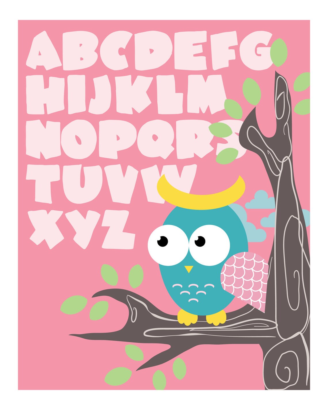 Owl ABC Children's Wall Art Print 8x10 green - Etsy