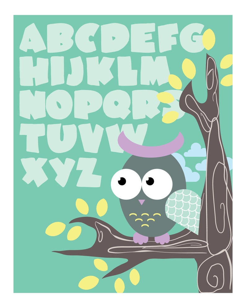 Owl ABC Children's Wall Art Print 8x10 (green) - Etsy