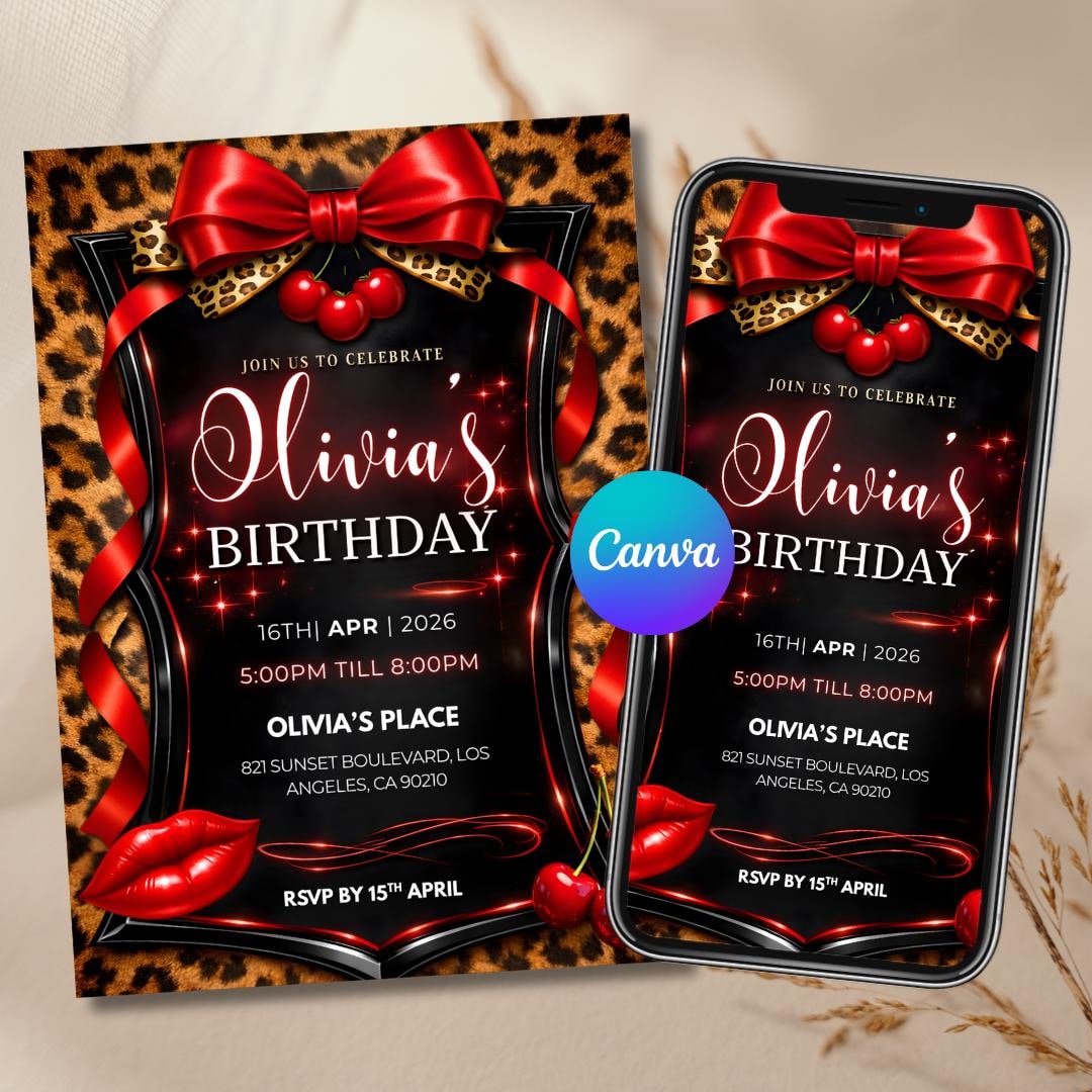 Cheetah Cherries Birthday Invitation Neon Pink Red Leopard, Glam Girls ...