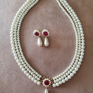 Wedding Set Pearls and Ruby Red Stone Ivory Cream Pearls Necklace and ...