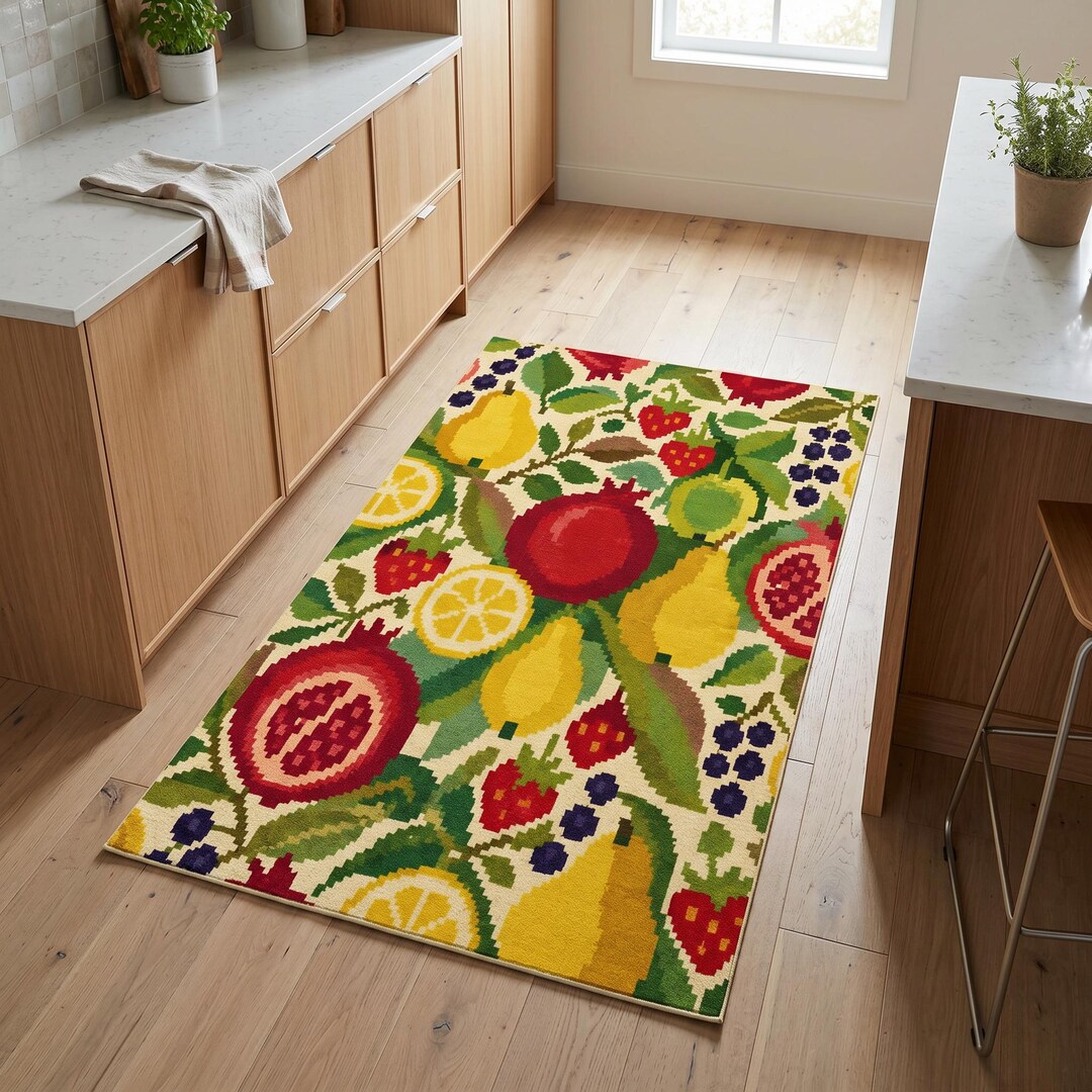 Folk Art Fruit Rug, Botanical Citrus Kitchen Decor, Whimsical Summer ...