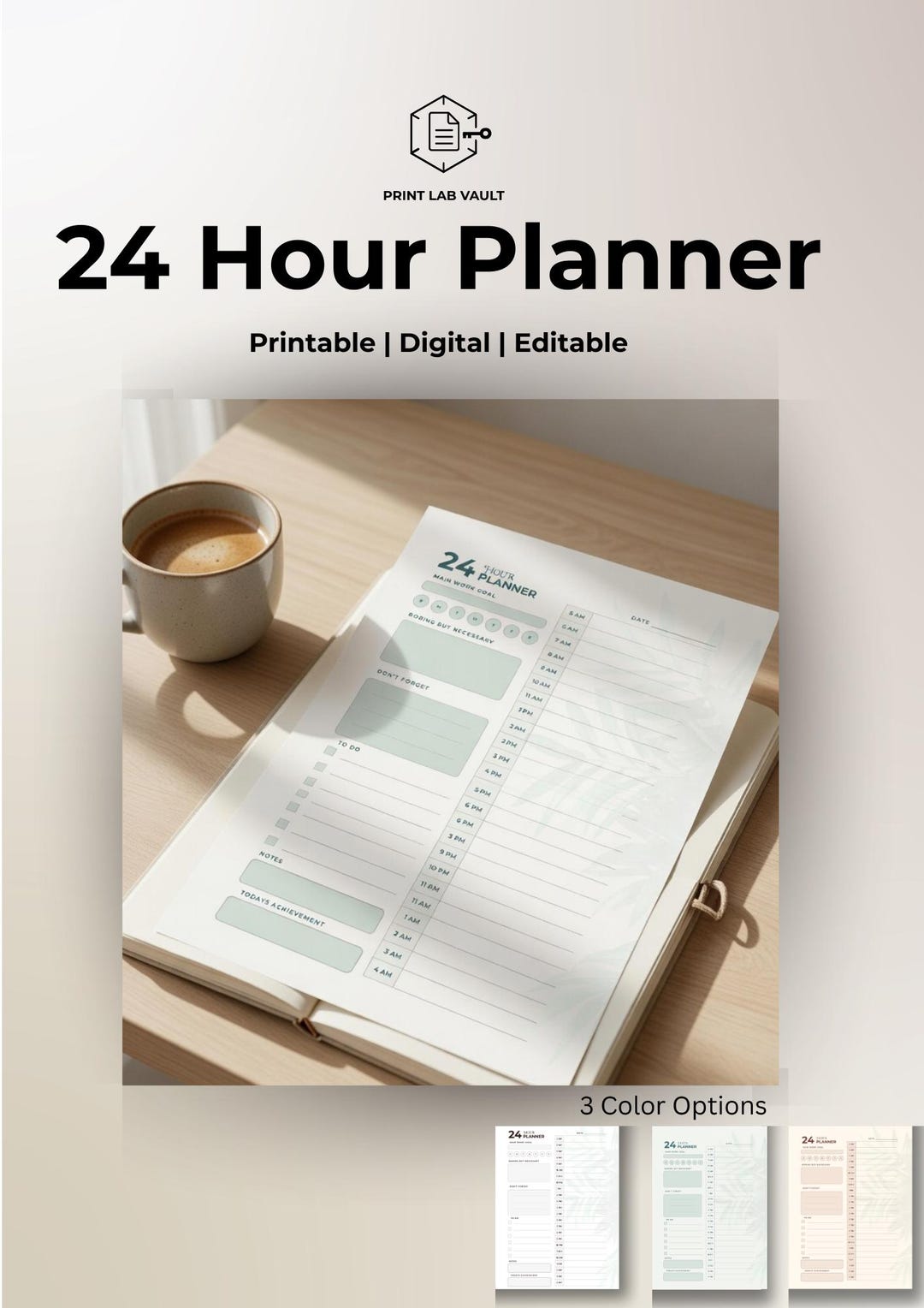 24 Hour Planner Printable, Daily Hourly Planner PDF, Digital Planner ...