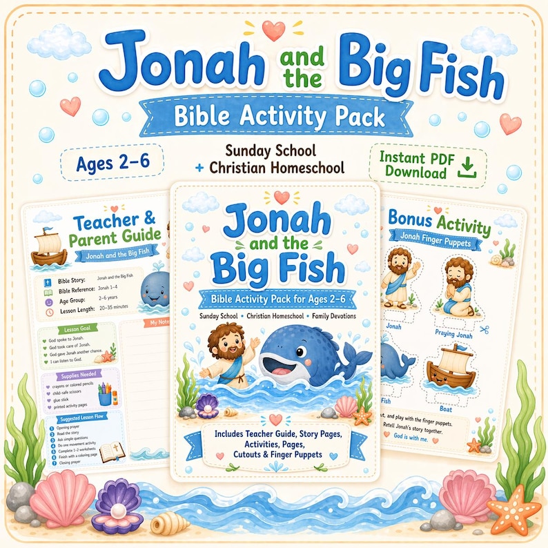 Jonah and Big Fish Bible Activity Pack, Sunday School, Christian ...