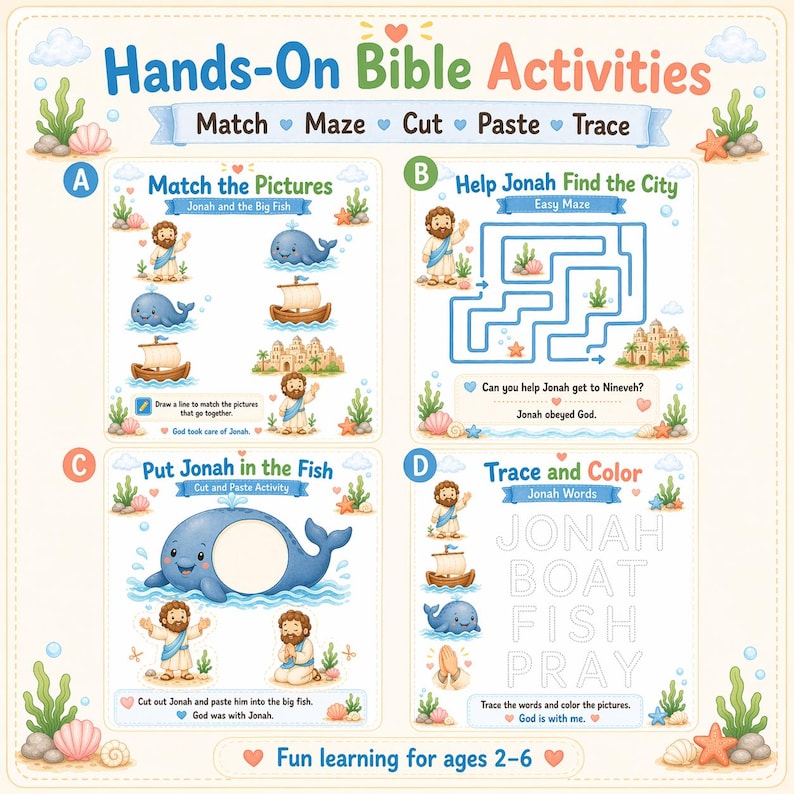 Jonah and Big Fish Bible Activity Pack, Sunday School, Christian ...