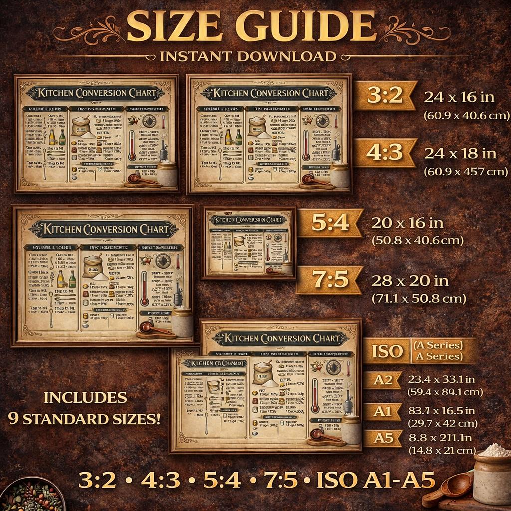 Horizontal Vintage Kitchen Conversion Chart, Cooking Measurement Poster ...