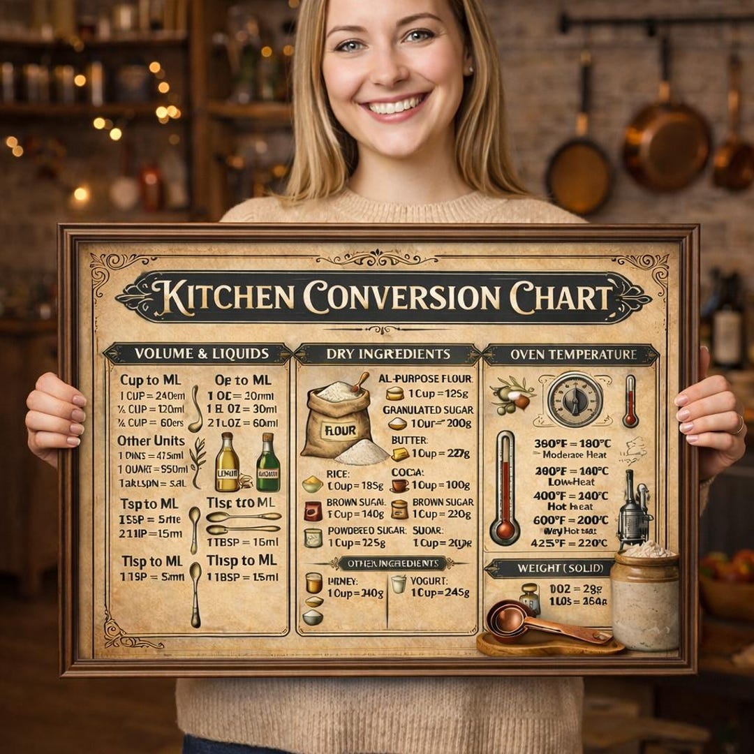 Horizontal Vintage Kitchen Conversion Chart, Cooking Measurement Poster ...