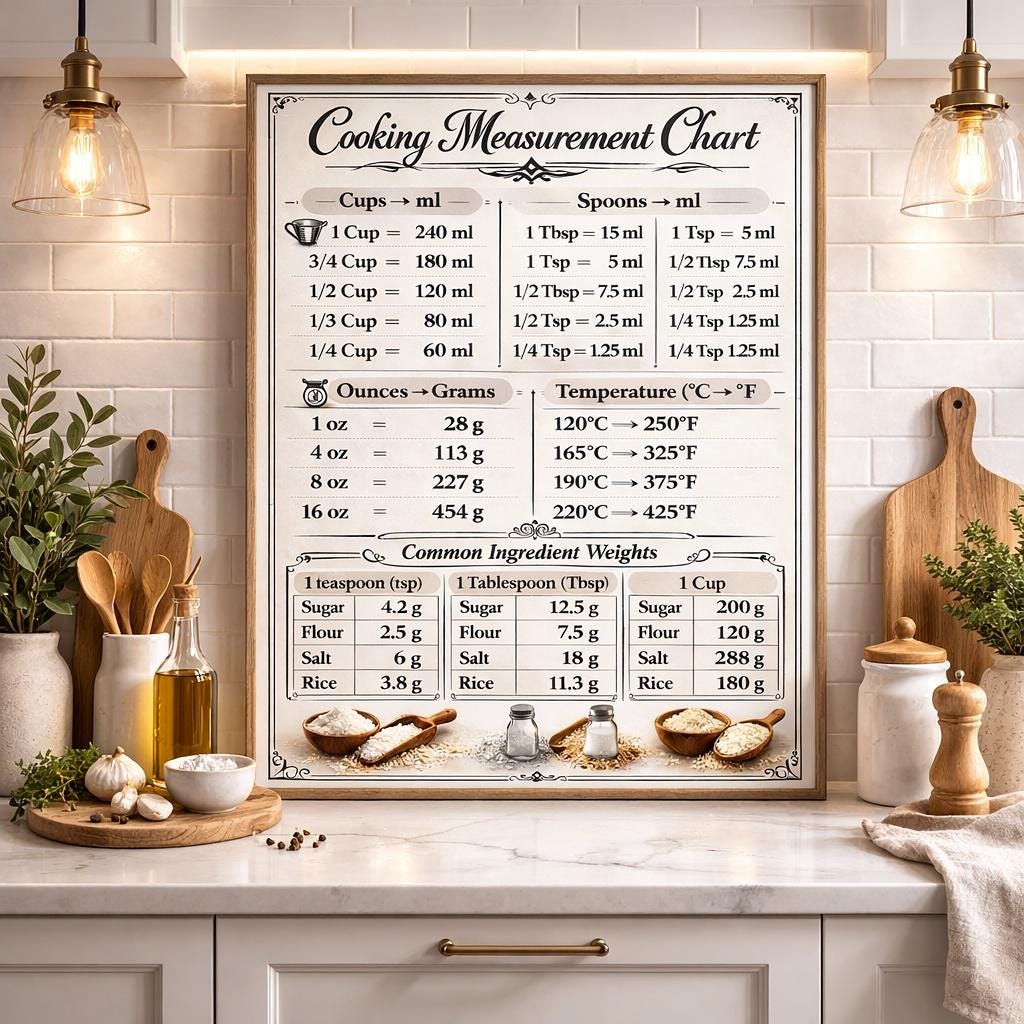 Cooking Measurement Chart Poster, Kitchen Conversion Baking Guide ...
