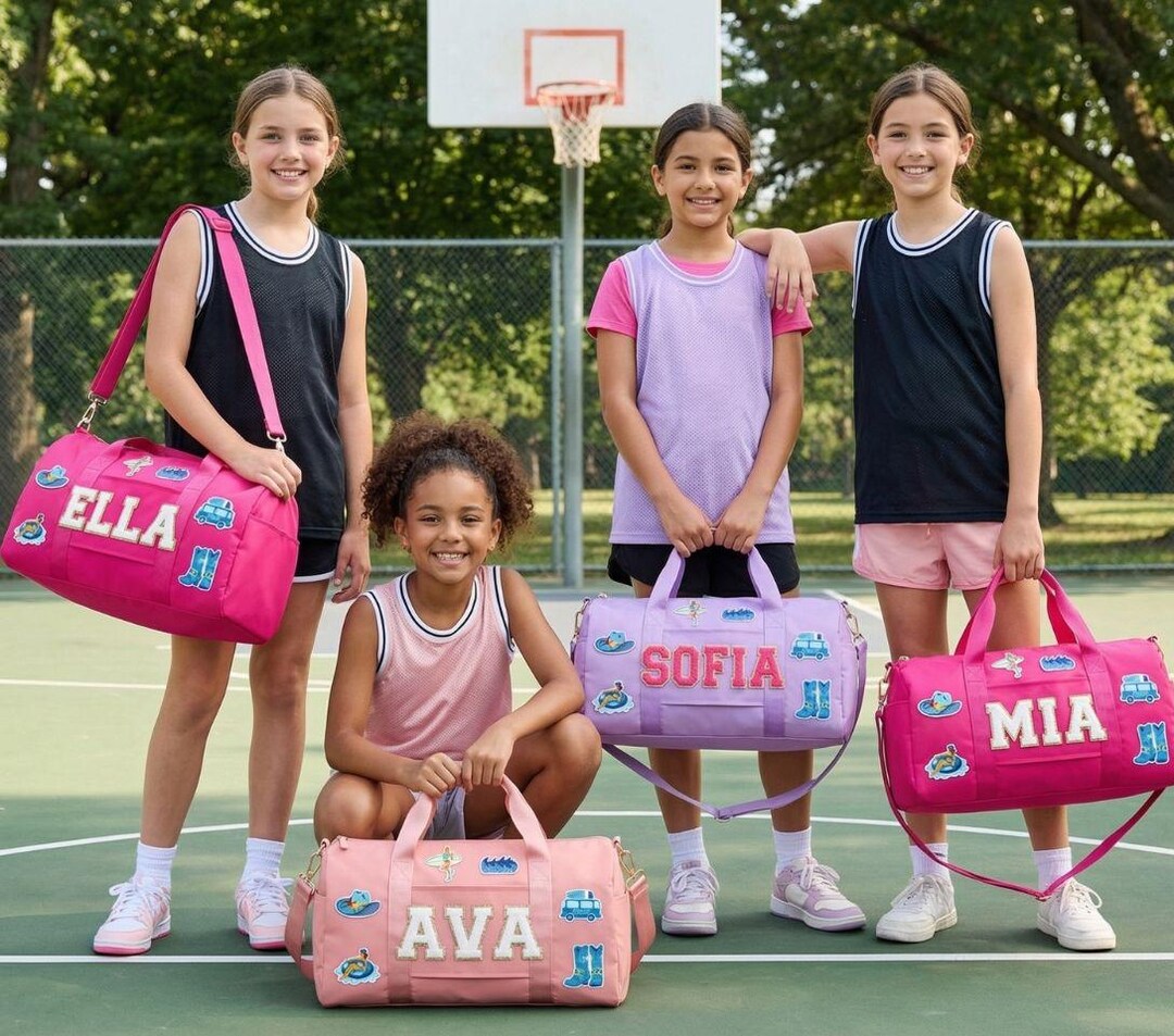 Personalized Girls Sports Duffel Bag, Custom Name Chenille Patch Bag ...