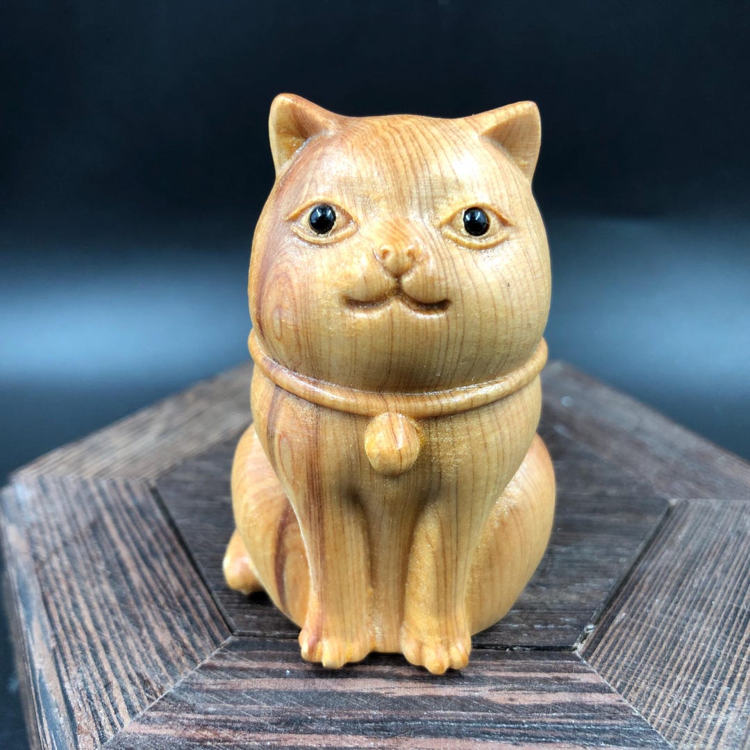 Cute Wooden Cat Figurine, Handmade Cedar Cat Sculpture, Cozy Desk Buddy ...