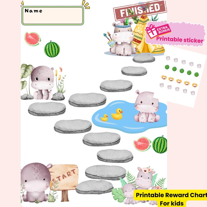 Summer Reward Chart Printable for Kids, Toddler Behavior Chart, Hippo ...