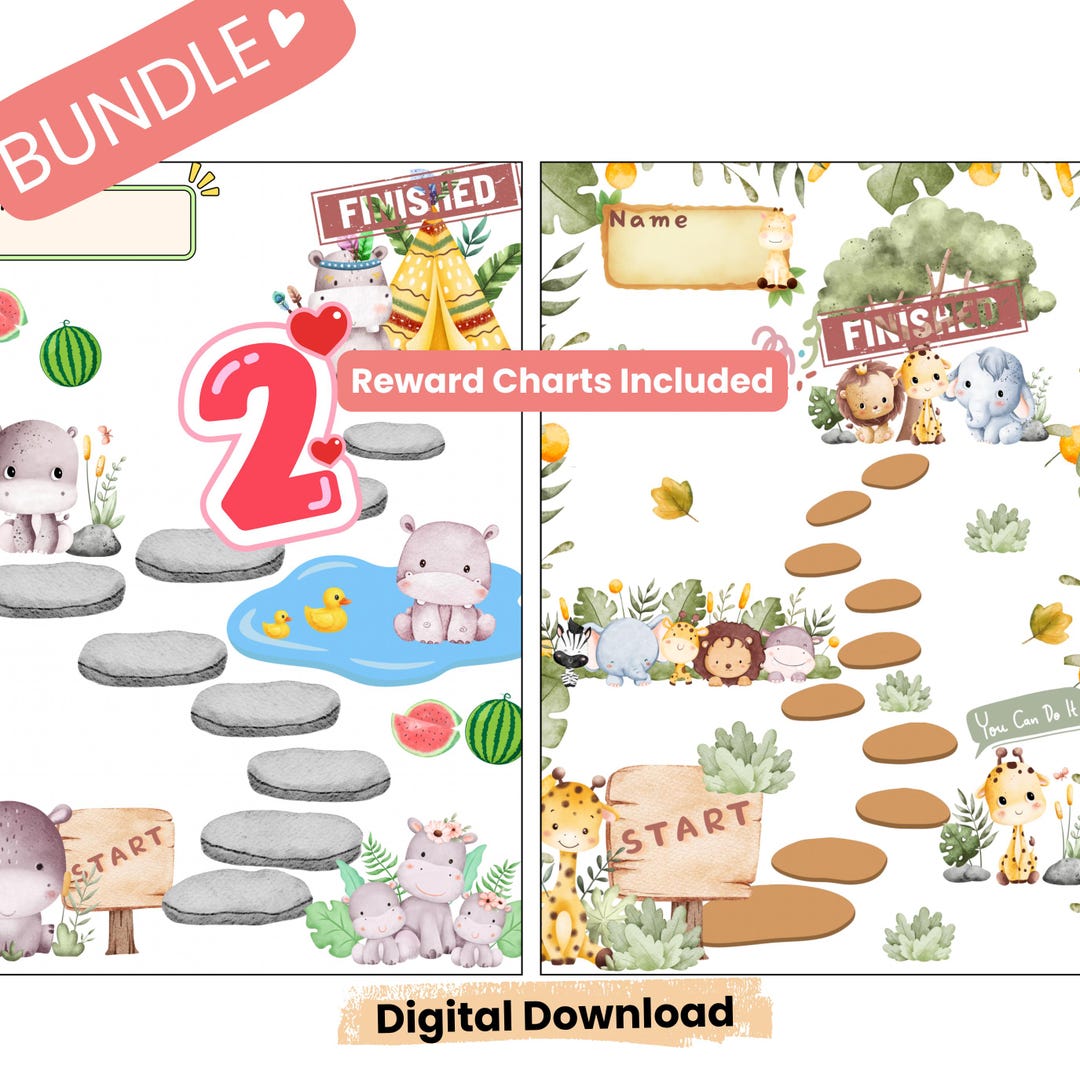 Watercolor Reward Chart Printable Bundle for Kids, Hippo and Giraffe ...