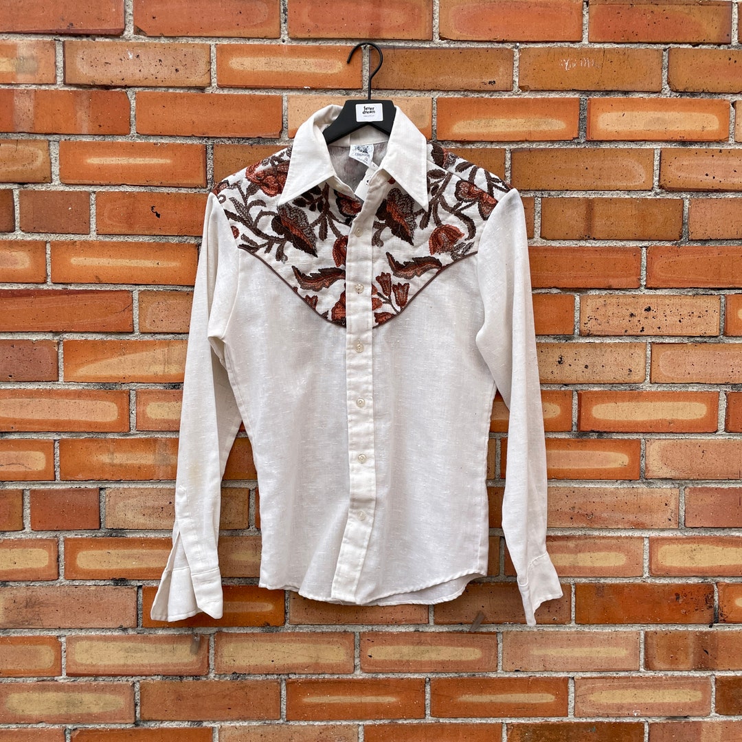 Vintage 70s Beige Brown Floral Quilted Western Dagger Collar Button ...