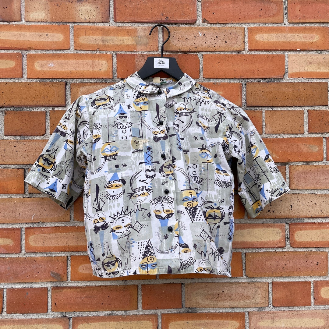 Vintage 50s off White Atomic Style Clown Print Blouse / Xs S Extra ...