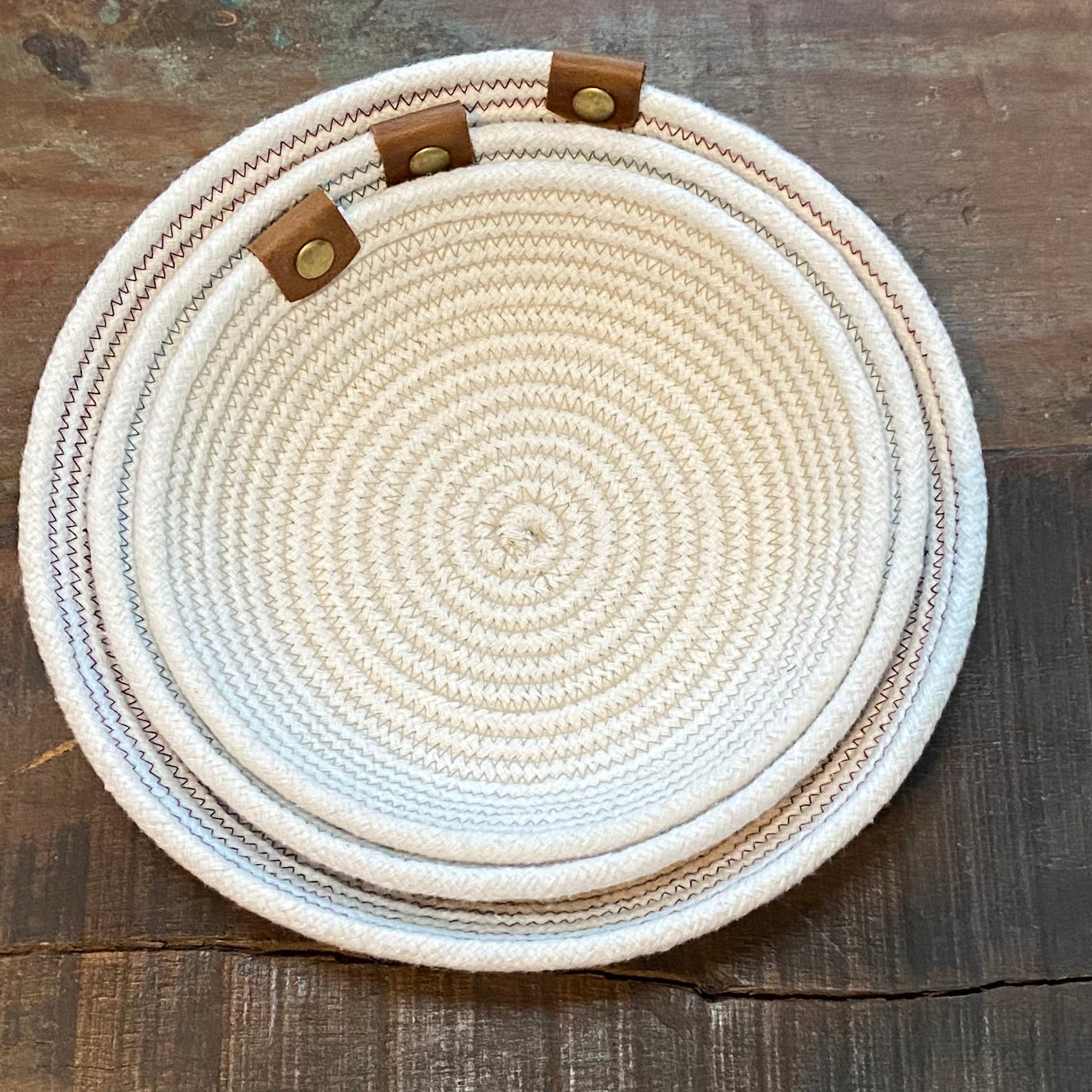 Round Cotton Rope Baskets With LIGHT CARAMEL Leather Tab / - Etsy