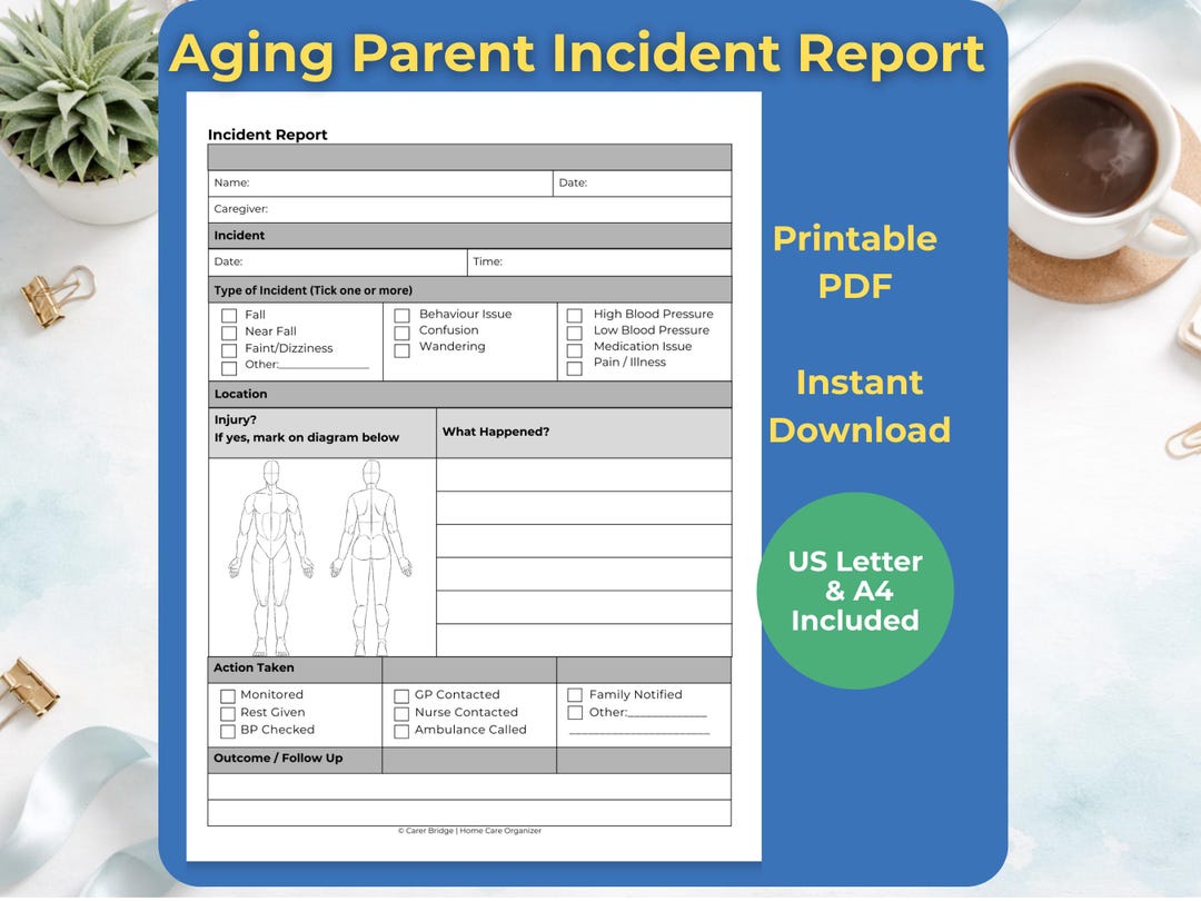 Aging Parent Incident Report Printable | Senior Fall & Behavior Log ...