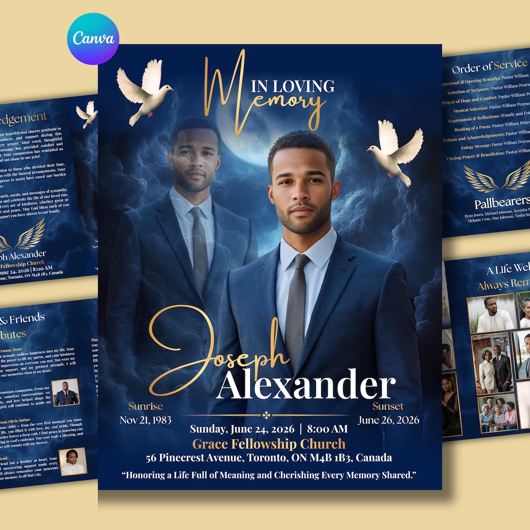 Blue and Gold Funeral Program Template, 8-page Memorial Booklet ...