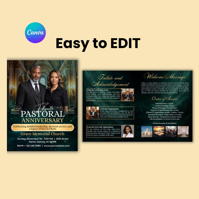 Pastoral Anniversary Bi-fold Brochure Template, Pastor Appreciation ...