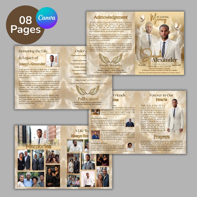 White & Gold Funeral Program Template, Celebration of Life Memorial ...