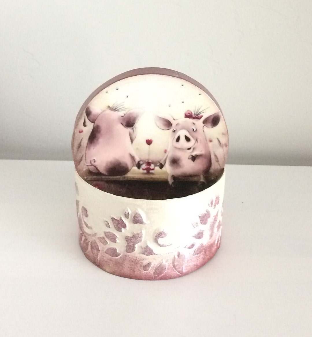 Pig Decoupage Box Vintage Small Round Box Round Trinket - Etsy