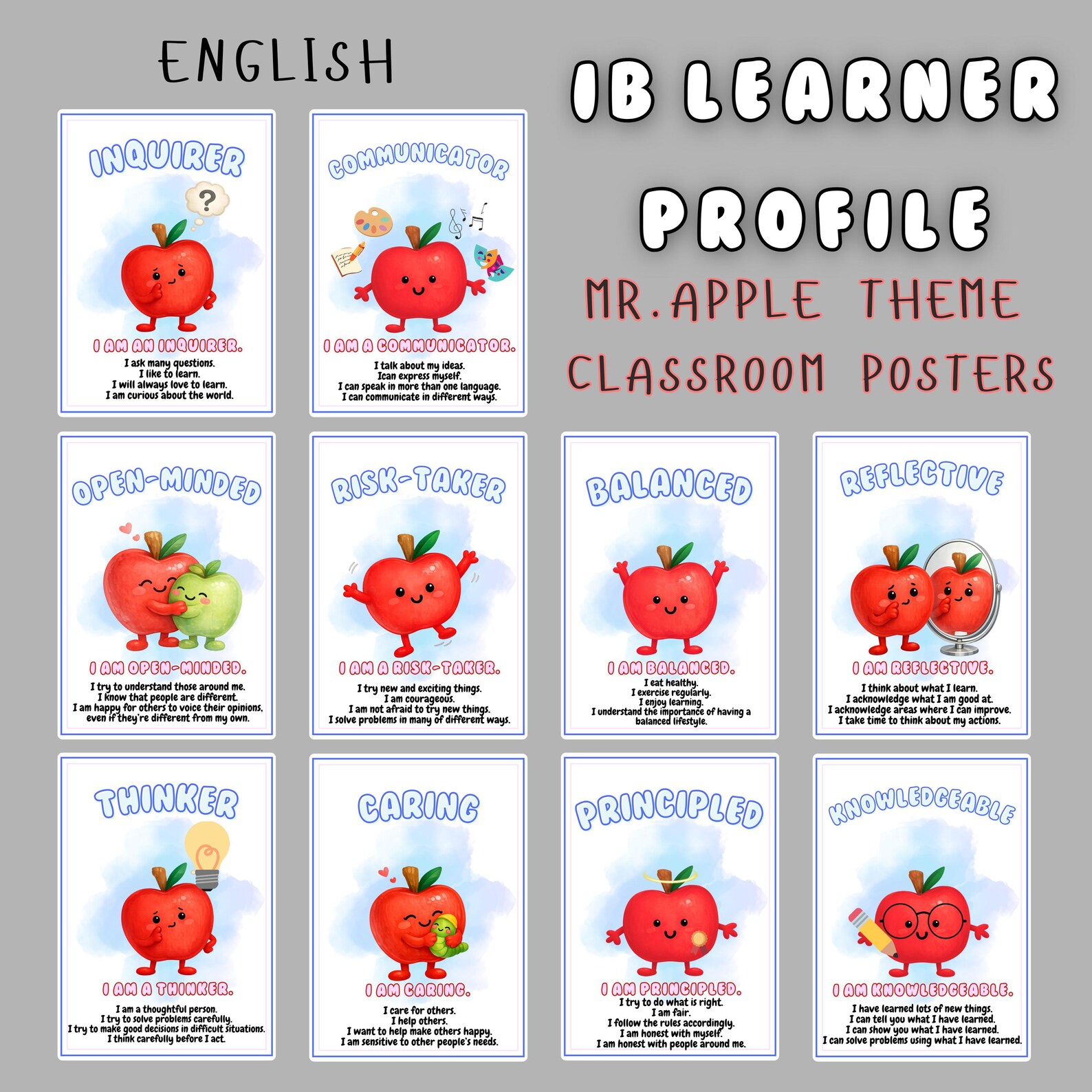 IB PYP Learner Profile Poster Printable | English | Mr. Apple Classroom ...