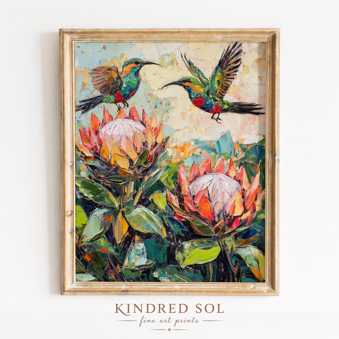 Tropical Protea Hummingbird Art Print – Vibrant Botanical Textured Wall ...