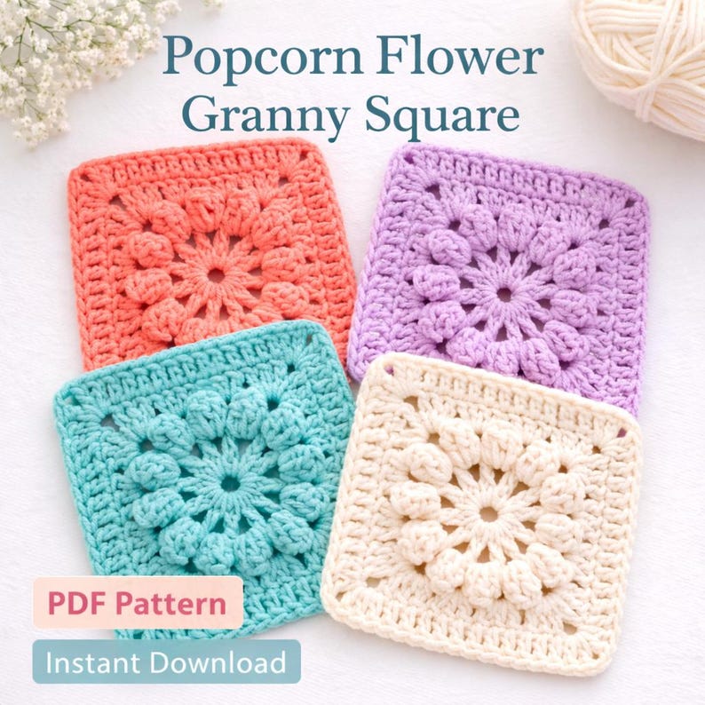 Popcorn Flower Granny Square Crochet Pattern | 3D Motif PDF (instant ...