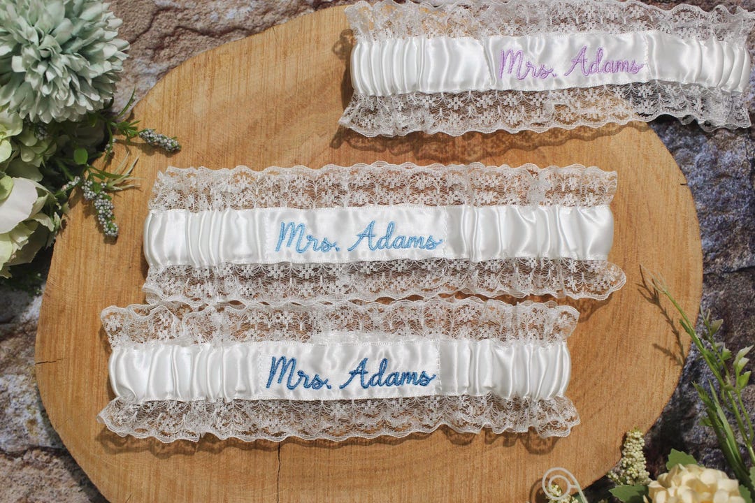 Custom Embroidered Lace Wedding Bridal Garter With Name, Something Blue ...