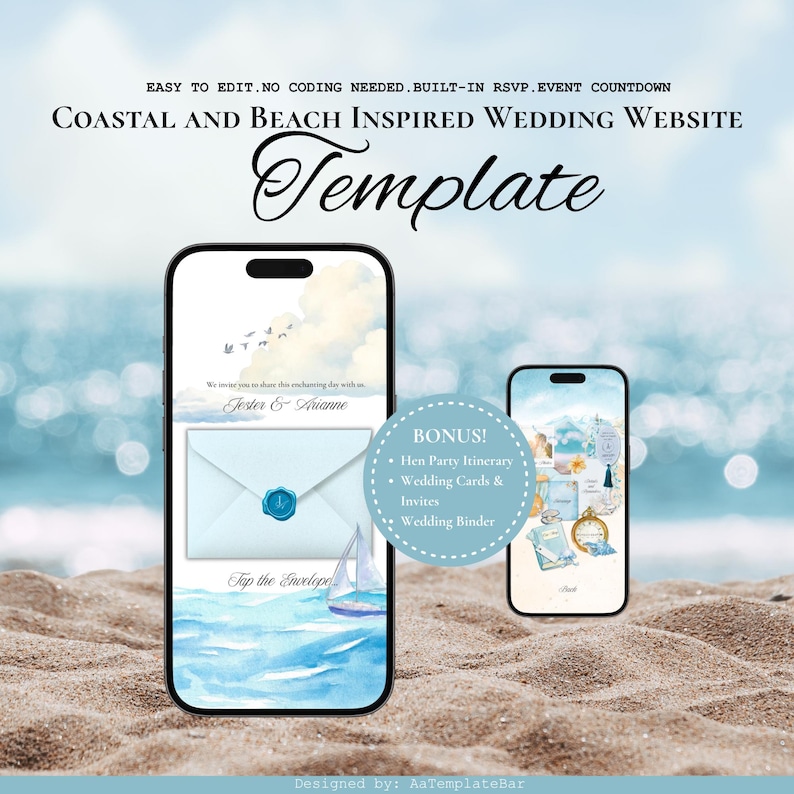 Coastal Beach Wedding Website Template, Editable Canva Design (digital ...