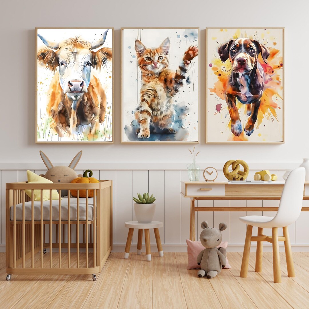 Farm Animal Wall Art Printable Set | Dog Cat Cow Poster Kids Room Decor ...