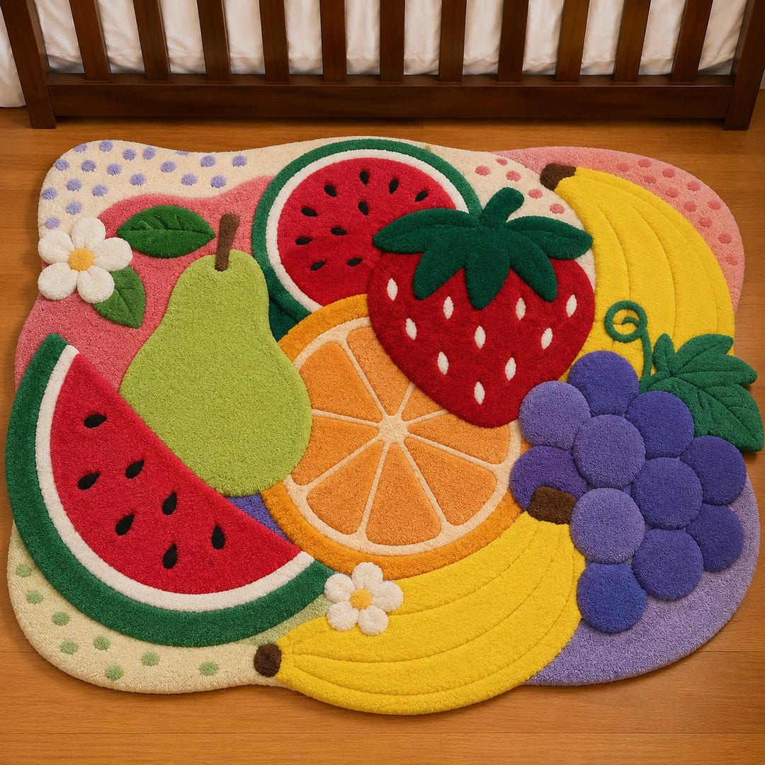 Hand-made Tufted Colorful Fruit Rug, Wool Kids Carpet, Kitchen Mid ...
