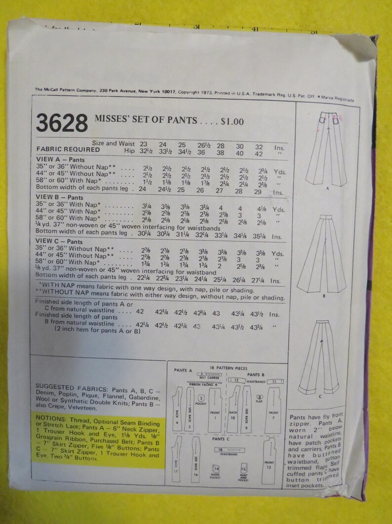 1973 Mccall's Misses SET of PANT Pattern---waist Size23/hip 32 1/2 - Etsy