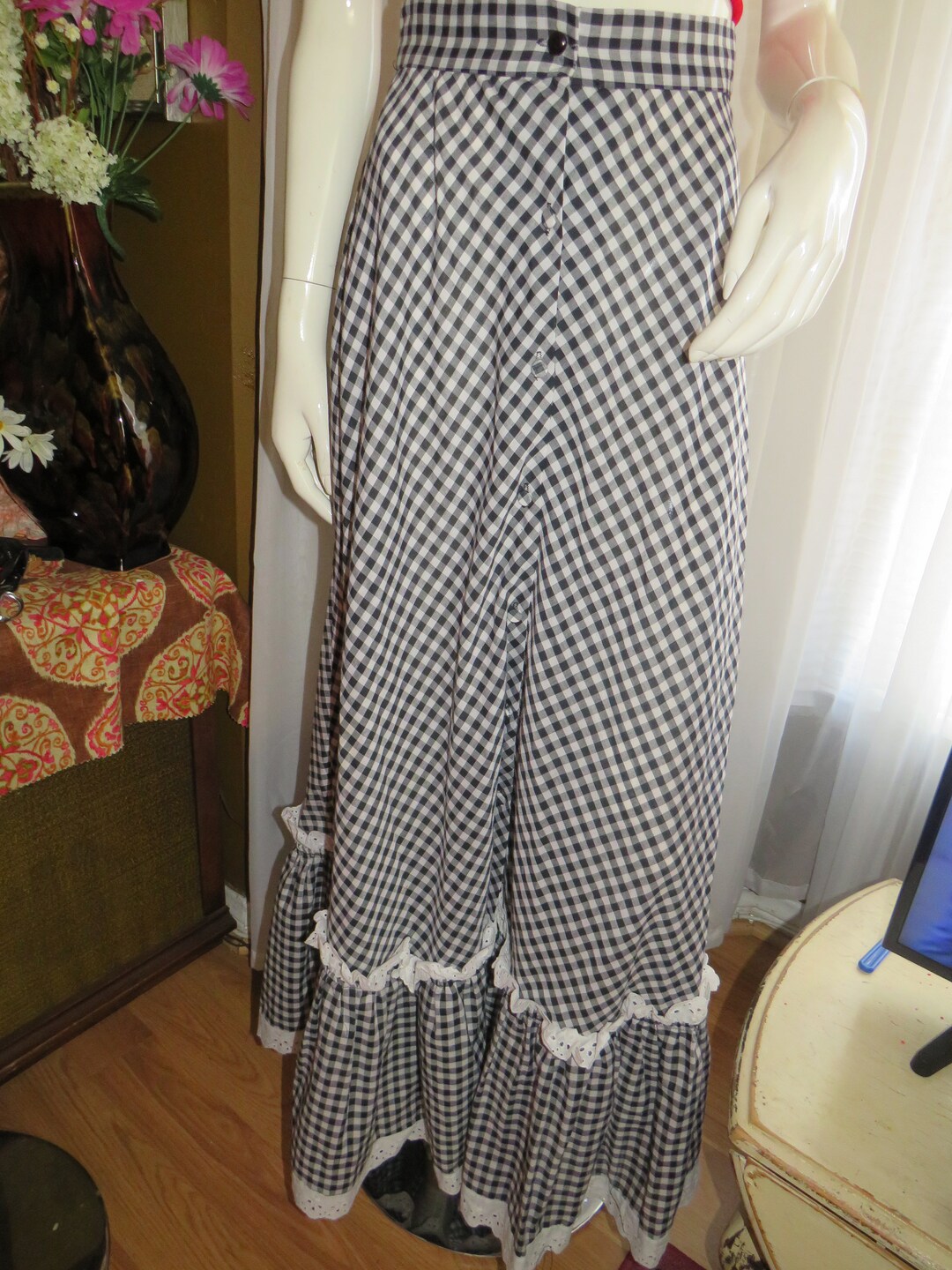 1970s' CHECKERED Black/white Ankle PRAIRIE SKIRT by Rainbow of ...