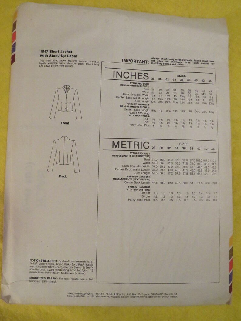 1980 Ladies Stretch and Sew/ann Person SHORT JACKET Pattern----bust ...