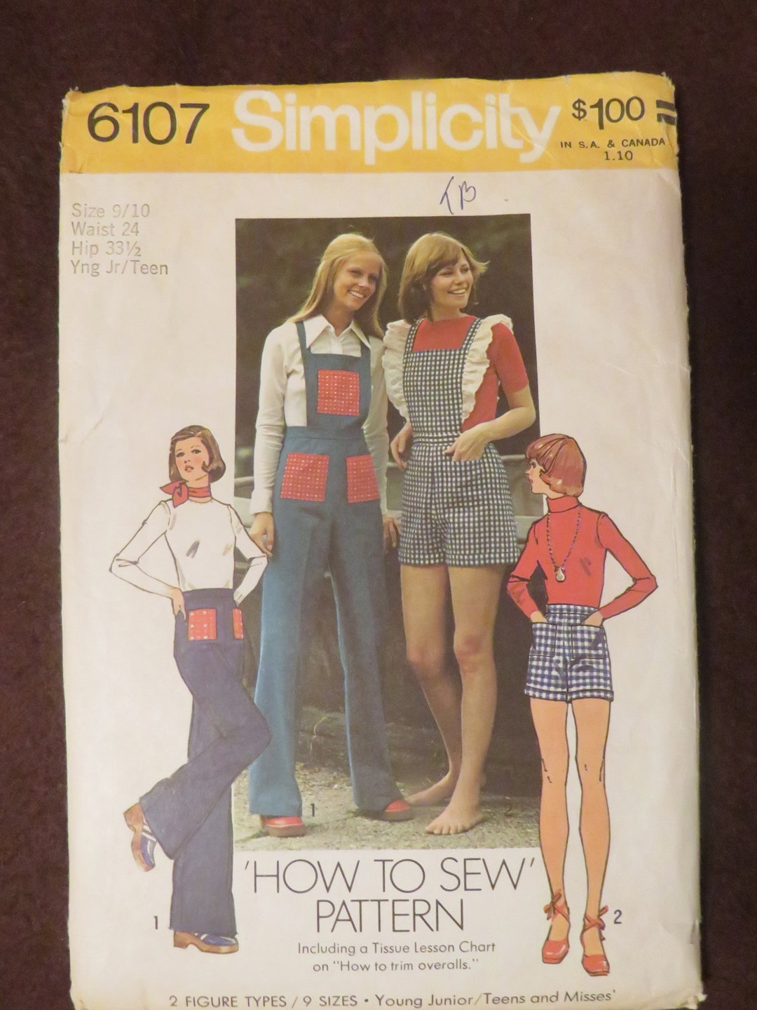 1973 SIMPLICITY OVERALLS/BIB Pattern #6107----size 9/10 - Etsy