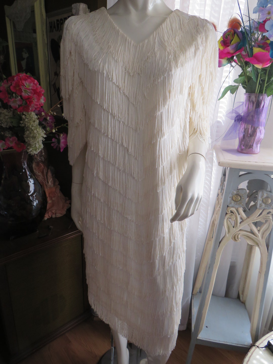 1980s'/1990s' Off-white FLAPPER/FRINGE DRESS by Nightworkssize 14 - Etsy