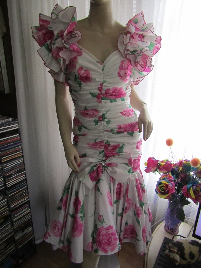 Vintage FLORAL (pink Roses) Print Layered RUFFLED Cocktail DRESS by ...