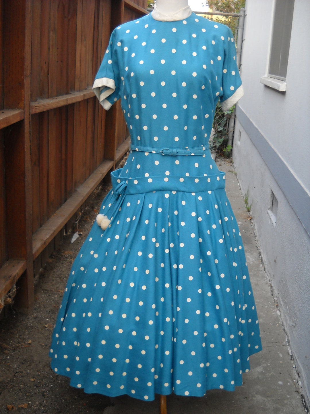 Vintage 1950s' "i Love Lucy" Style TURQUOISE White POLKA DOT Dress---no ...