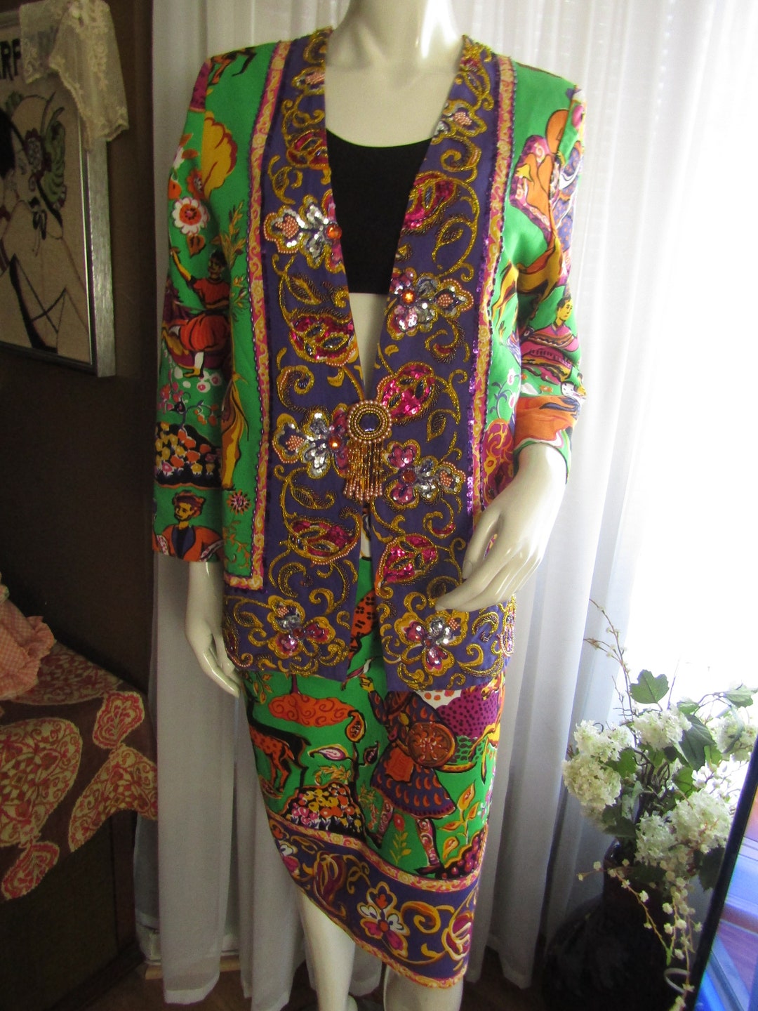 1980's/1990's Diane Fres 2-piece BEADED Exotic ART SUIT (jacket/skirt ...