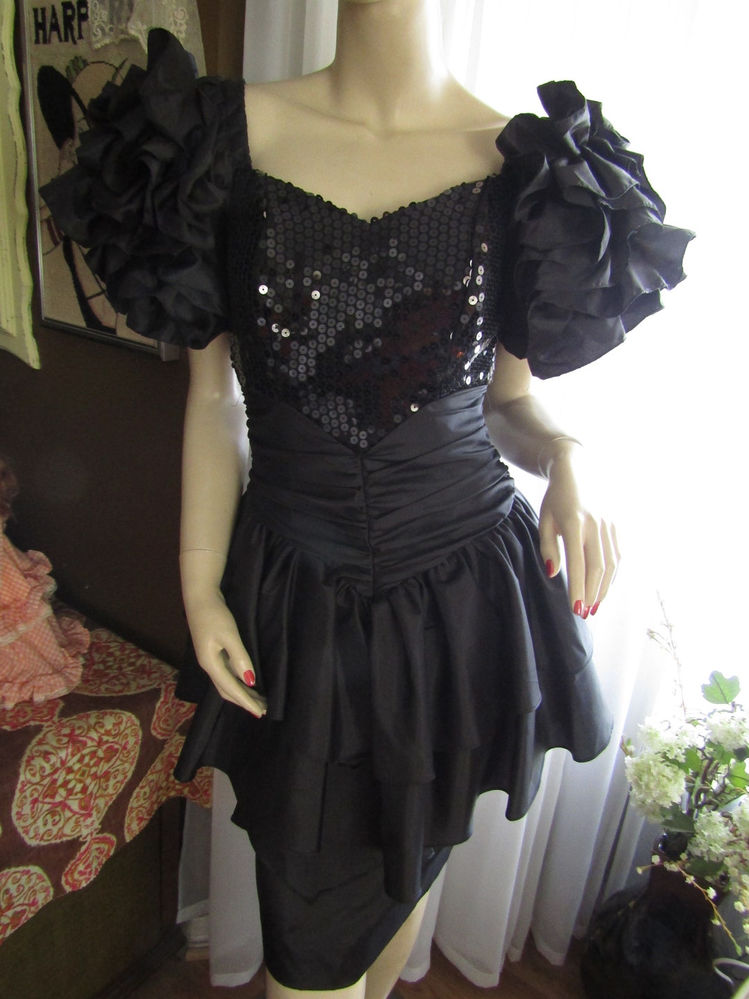 Prom Time!!! 1970s'/1980s' BLACK Ruffled Sleeve/pendulum DRESS by Susan ...