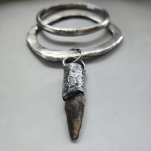Organic Bangle Set With Large Fossilized Shark Tooth Charm Solid, Sand-cast Pewter Bangle Stack ...