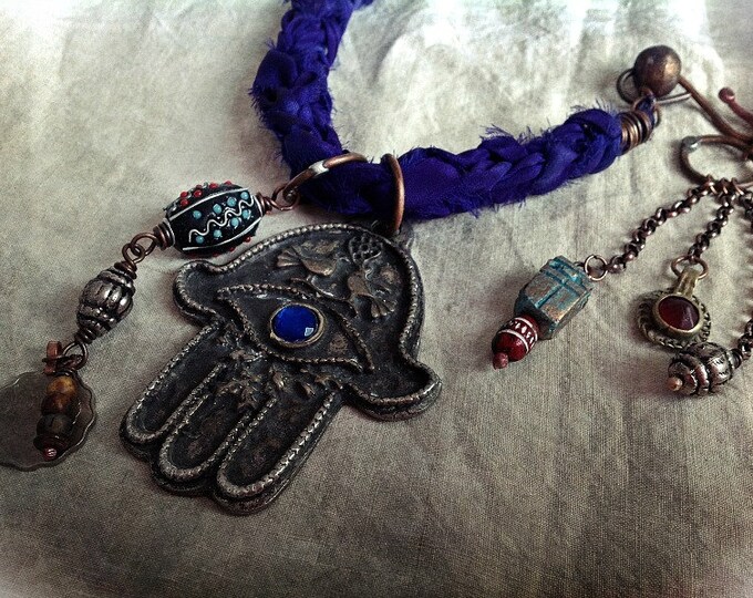 Trial Gypsy Amulet Necklace With Vintage Hamsa, Blue Braided Silk ...