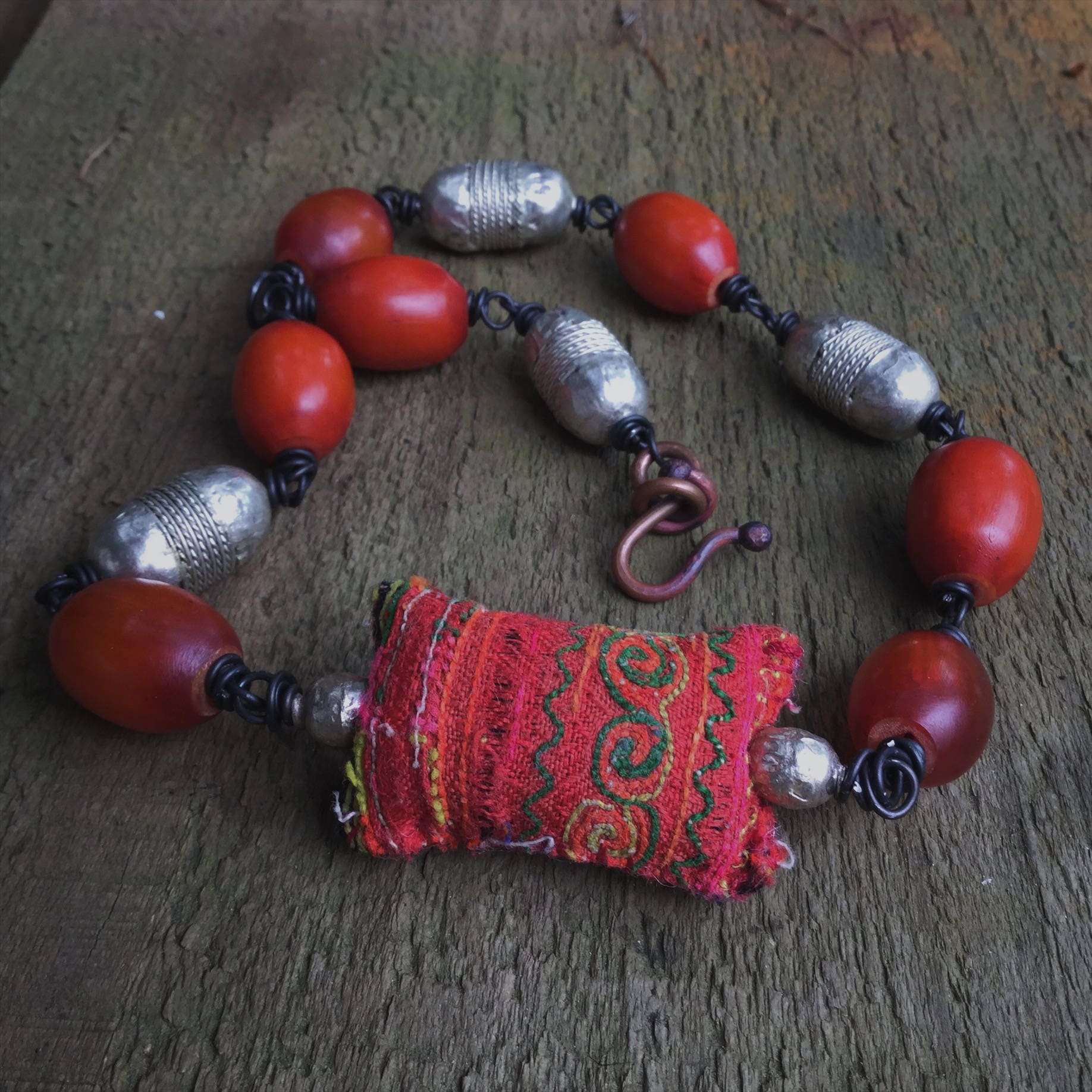 Boho bead necklace with Hmong textile, African orange resin and ...