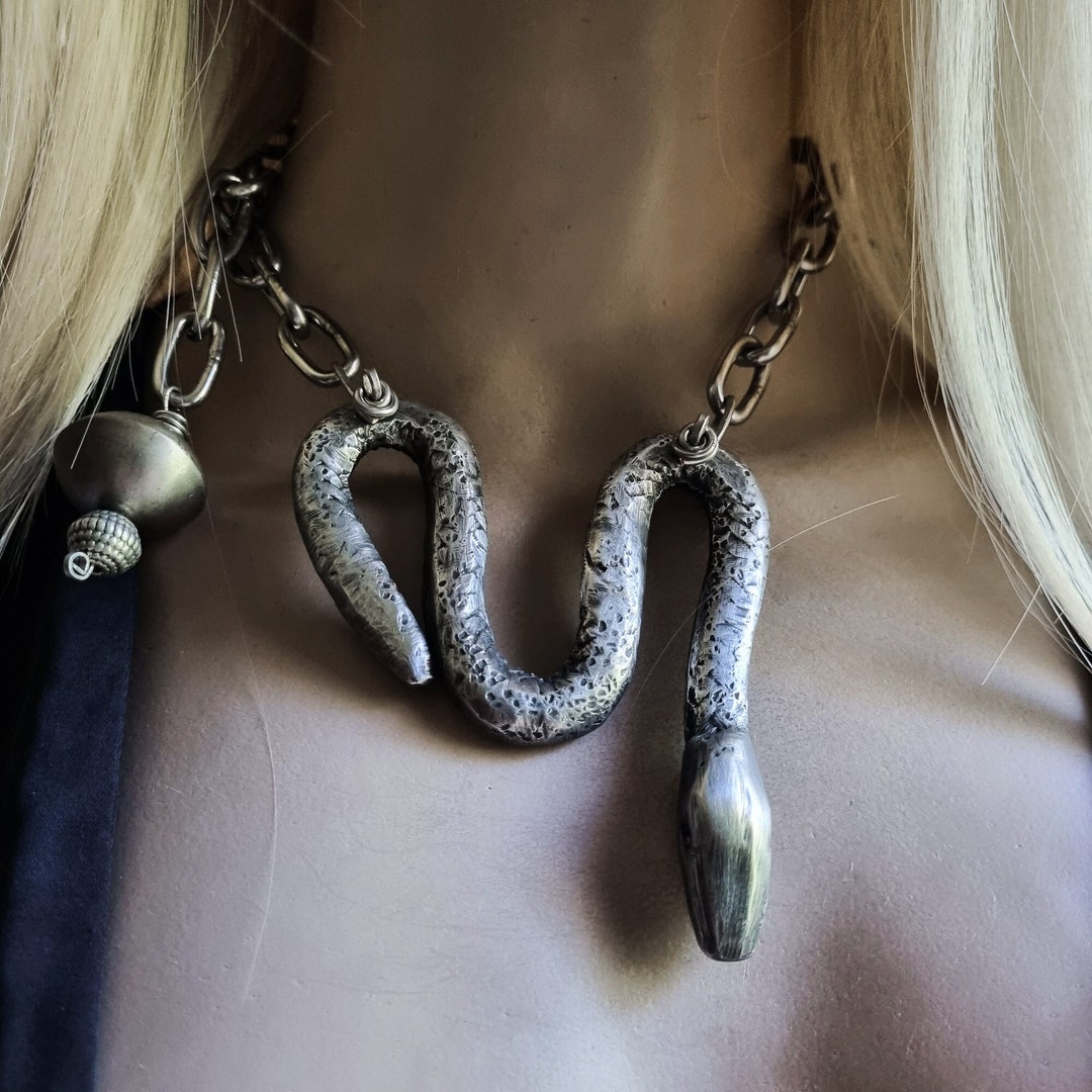 Silver Snake Necklace Handmade Rustic Serpent, Silver Metal, Statement ...
