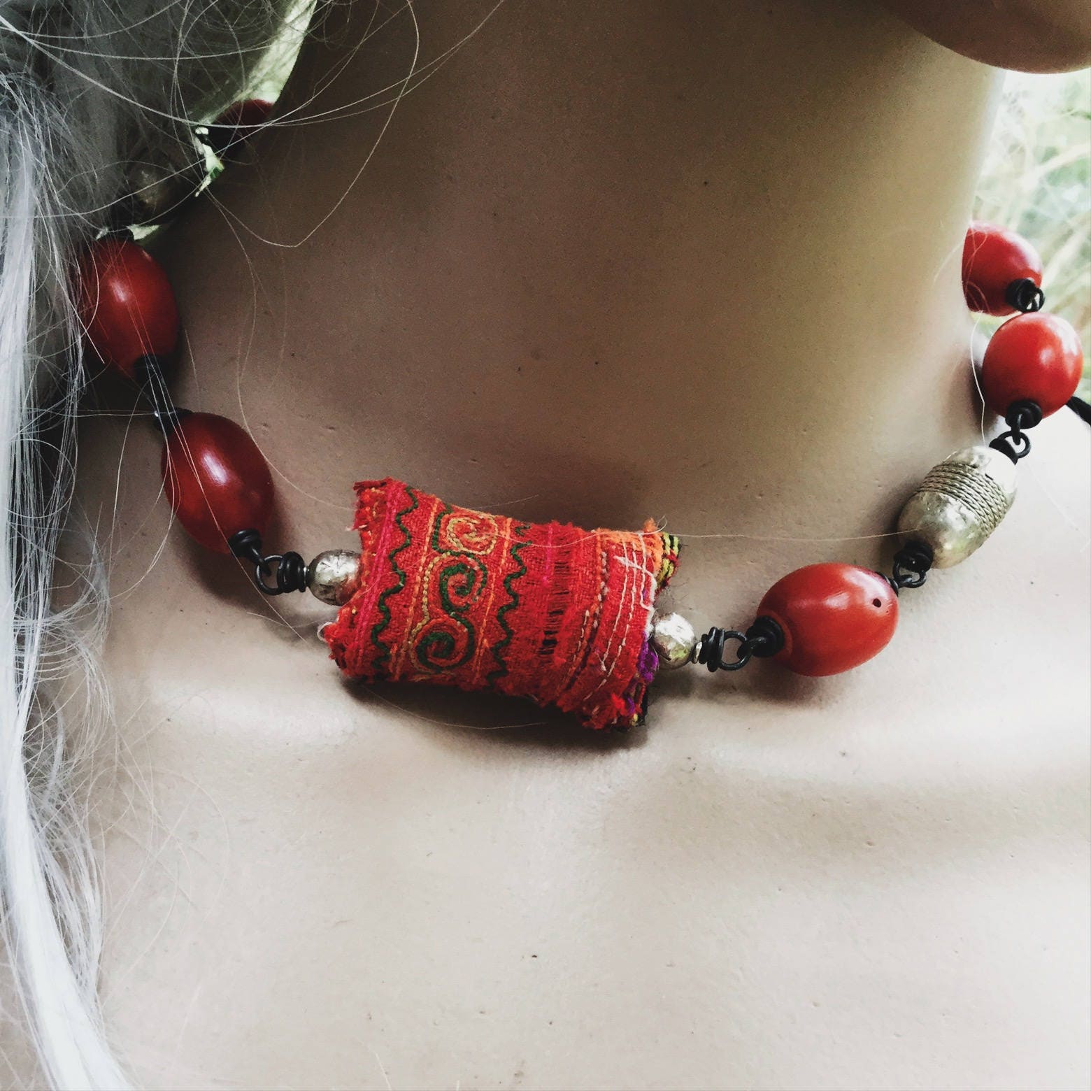 Boho bead necklace with Hmong textile, African orange resin and ...