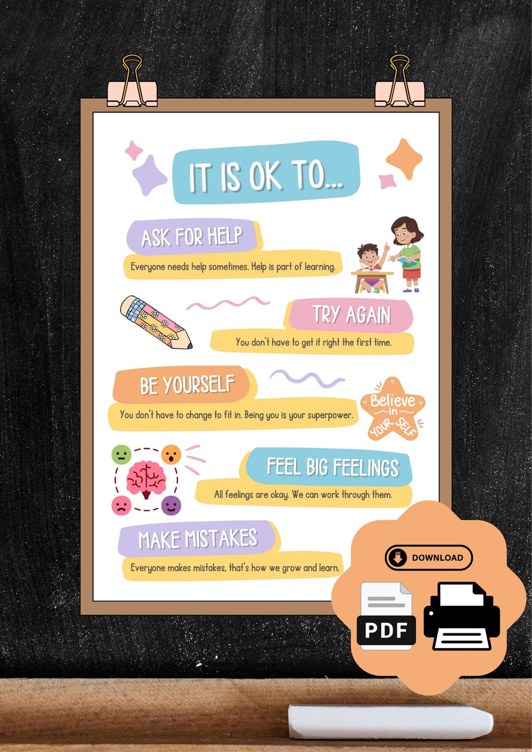 Classroom Affirmation Poster, Motivational Kids Self-care Art (PDF ...